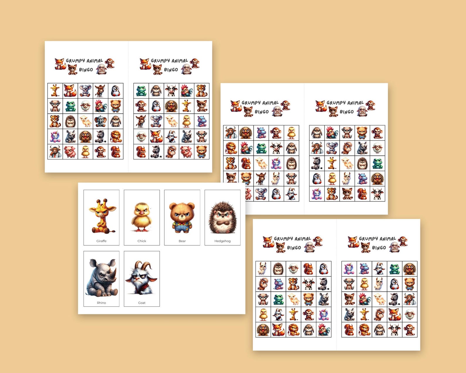 Grumpy Animals Bingo Game - 50 Unique Digital Cards for Family Game ...