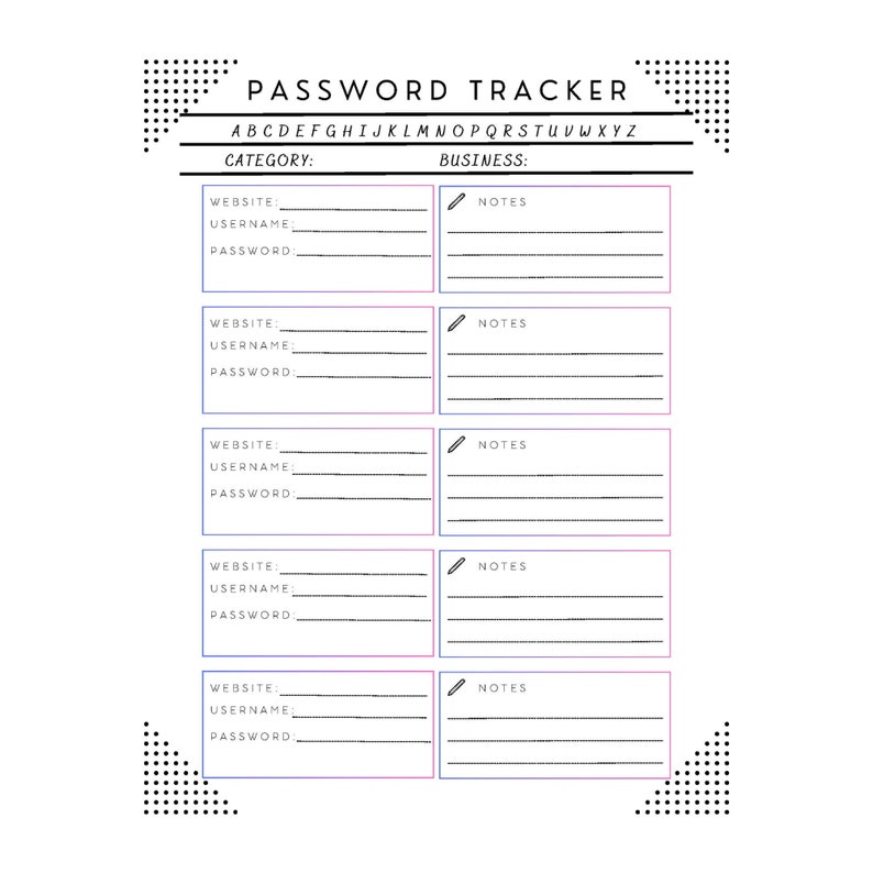 Black Dot Password Tracker, INSTANT DOWNLOAD, Password Tracker for ...
