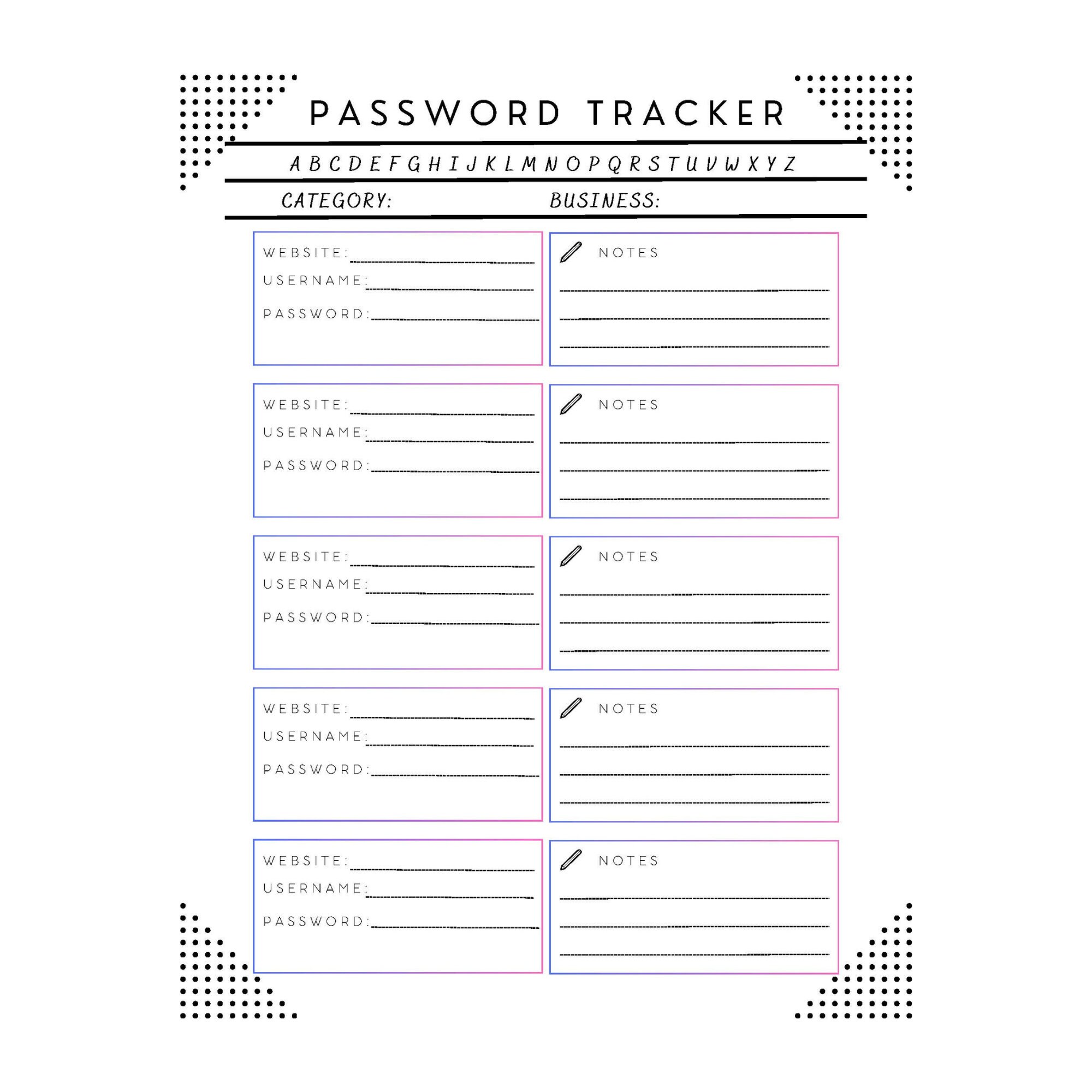 Black Dot Password Tracker, INSTANT DOWNLOAD, Password Tracker for ...