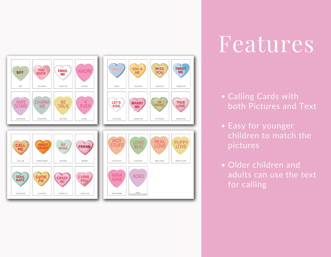 Candy Conversation Heart Bingo | Printable Valentine’s Day Bingo Game ...