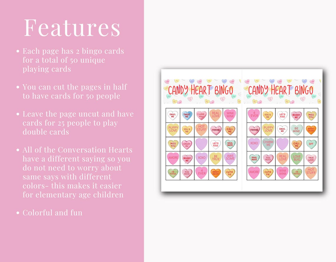 Candy Conversation Heart Bingo | Printable Valentine’s Day Bingo Game ...