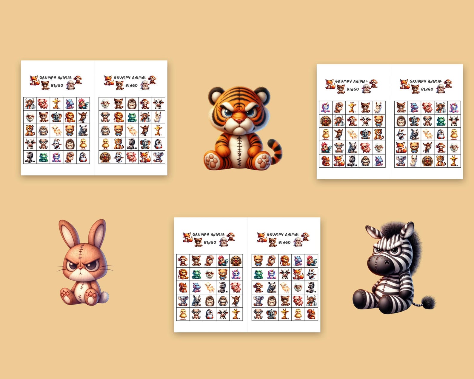 Grumpy Animals Bingo Game - 50 Unique Digital Cards for Family Game ...
