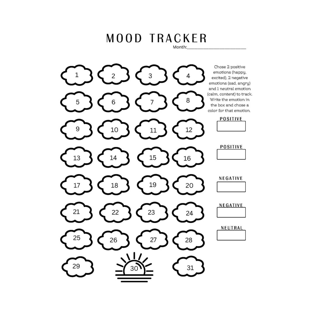 Monthly Mood Tracker, Clouds Mood Tracker, INSTANT DOWNLOAD, Monthly ...