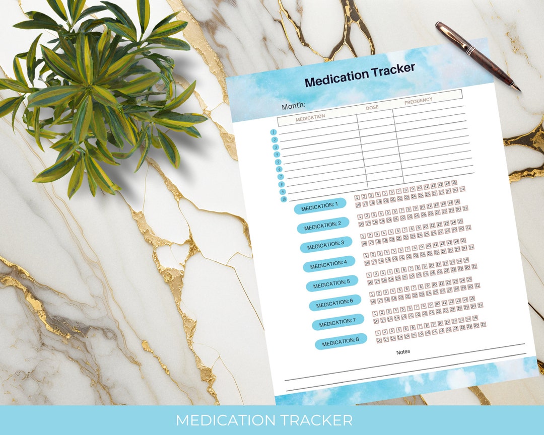 Monthly Medication Tracker, Printable Medication Tracker, Blue Sky ...