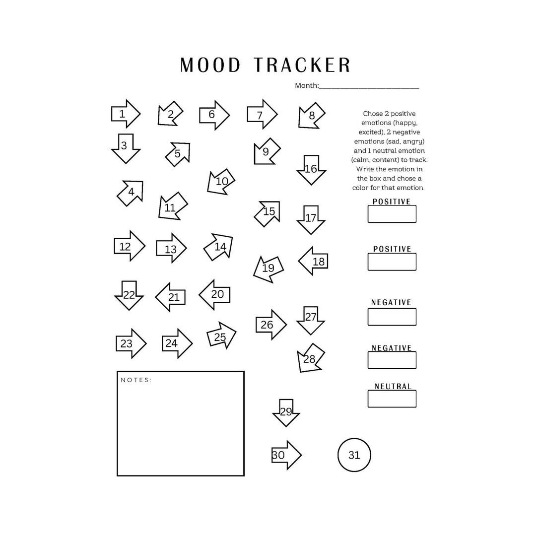 Monthly Mood Tracker, Arrow Mood Tracker, INSTANT DOWNLOAD, Monthly ...