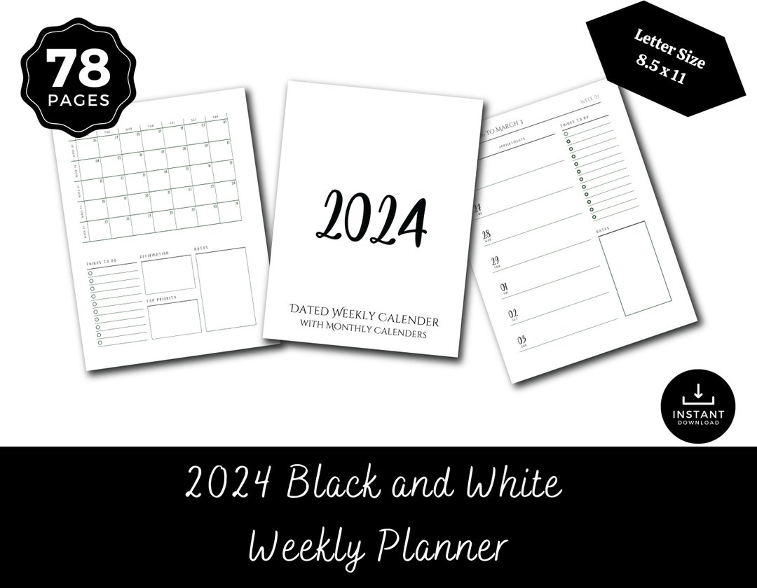 2024 Dated Weekly Calendar Black and White Monday Start - Etsy