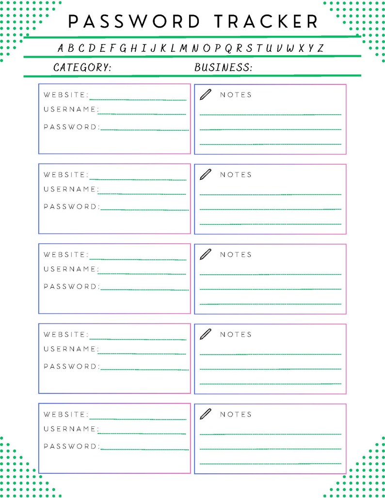 Green Dot Password Tracker INSTANT DOWNLOAD Password Tracker - Etsy