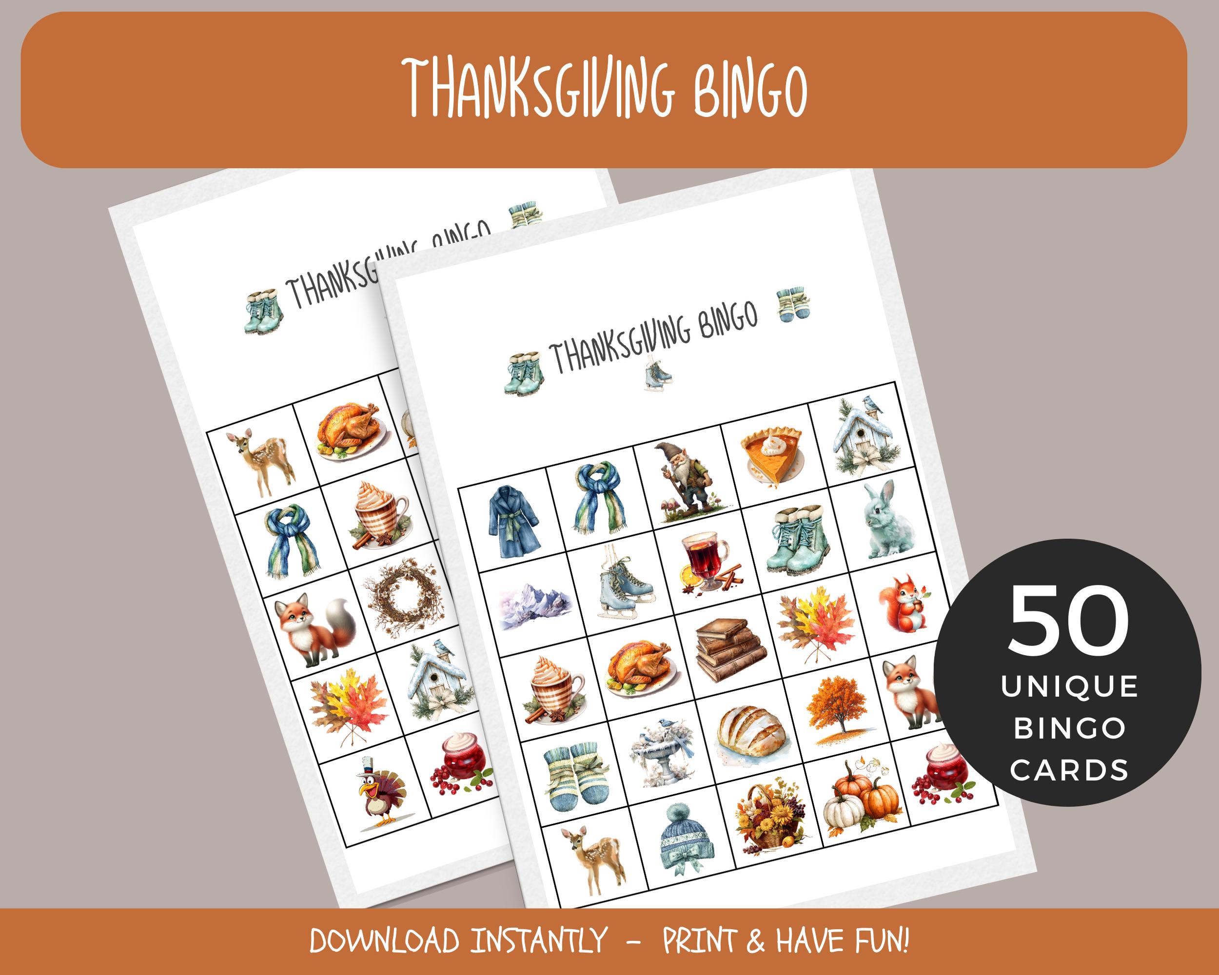 Thanksgiving Bingo Game Set - 50 Unique Printable Cards Featuring ...