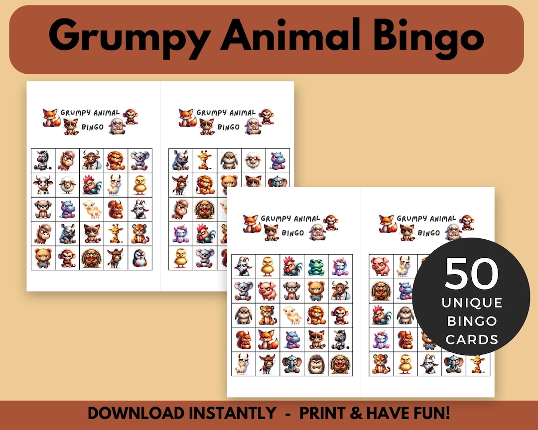 Grumpy Animals Bingo Game - 50 Unique Digital Cards for Family Game ...