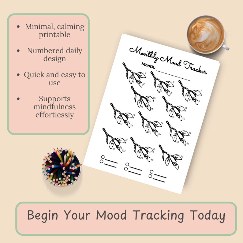 Leaf Mood Tracker Printable | Minimal Monthly Layout | 1-page PDF for ...