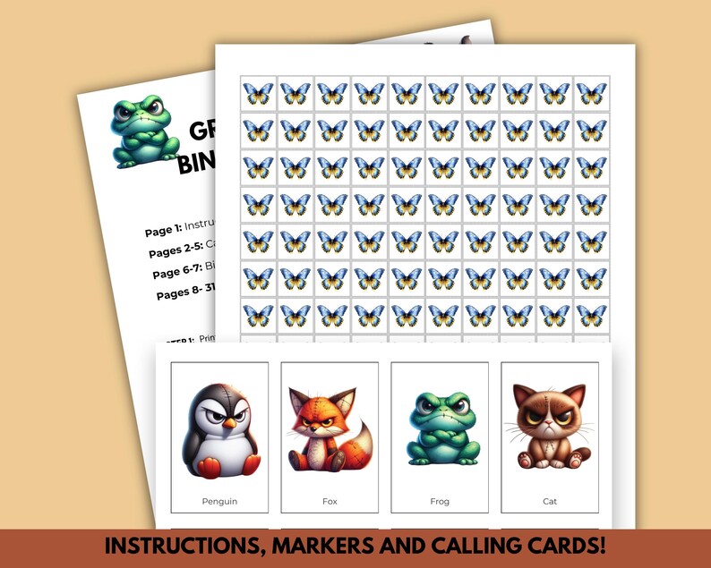 Grumpy Animals Bingo Game - 50 Unique Digital Cards for Family Game ...
