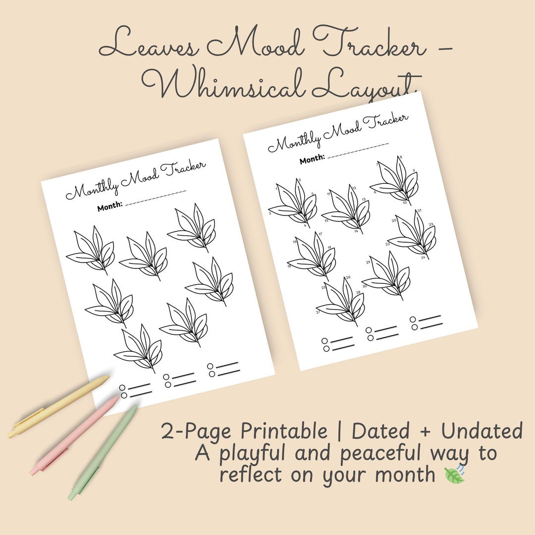 Leaves Mood Tracker Printable | Whimsical Monthly Pages | 2-page Dated ...