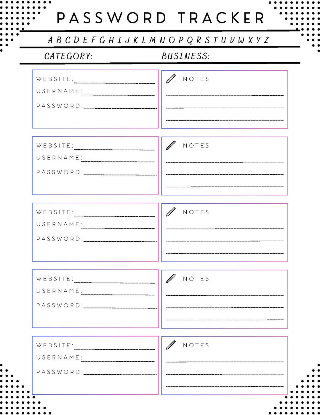 Black Dot Password Tracker INSTANT DOWNLOAD Password Tracker - Etsy