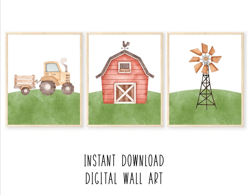 Farm Nursery Wall Art Printable, Barn Tractor Windmill Set Barnyard ...