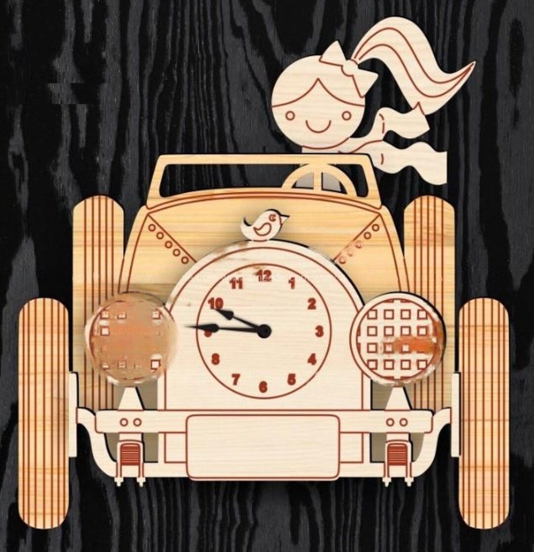 Digital Laser Cut Cnc Cute CAR GILR Wall Clock Kids Room Decor SVG Dxf ...