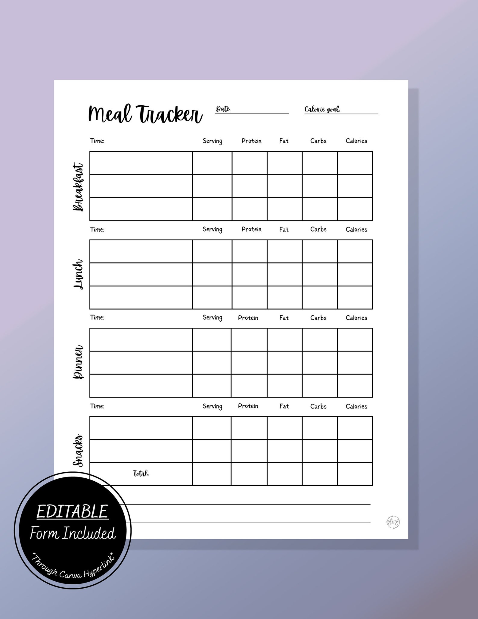 Minimalist Meal Tracker Template Printable Digital Download Template ...