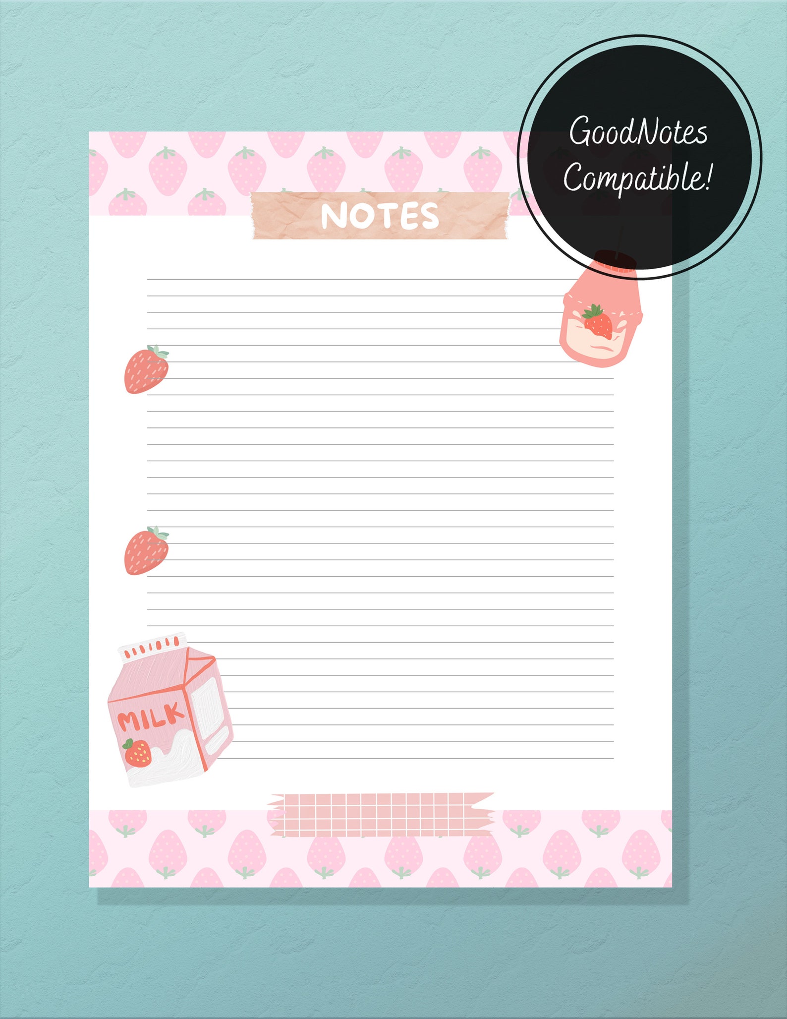 Kawaii Strawberry Milk Pastel Notes Template Printable Digital Download ...