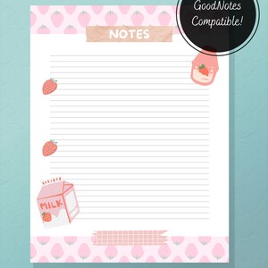Kawaii Strawberry Milk Pastel Notes Template Printable Digital Download ...