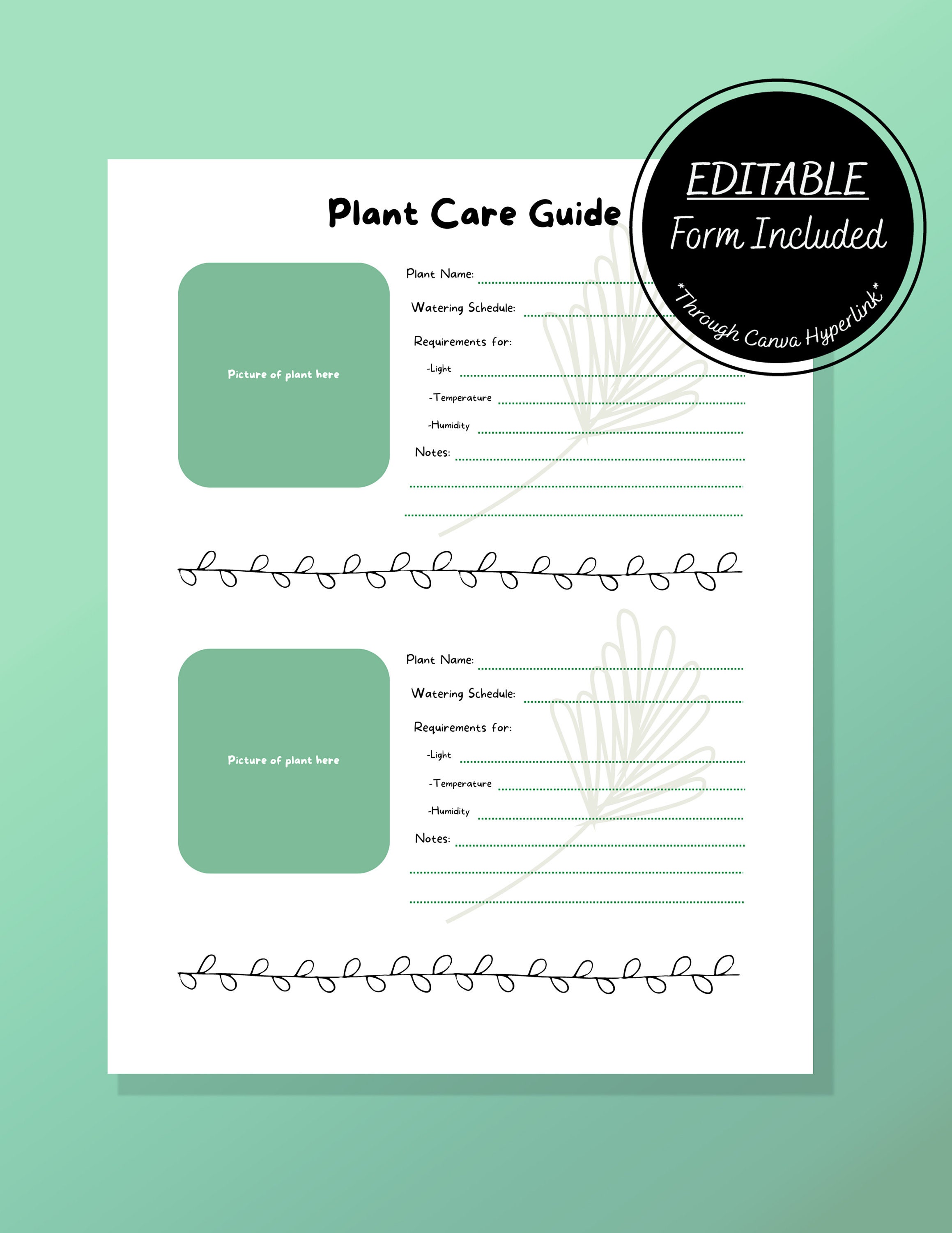 Plant Care Guide Template Printable Digital Download Template - Instant ...
