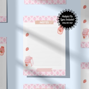 Kawaii Strawberry Milk Pastel Notes Template Printable Digital Download ...