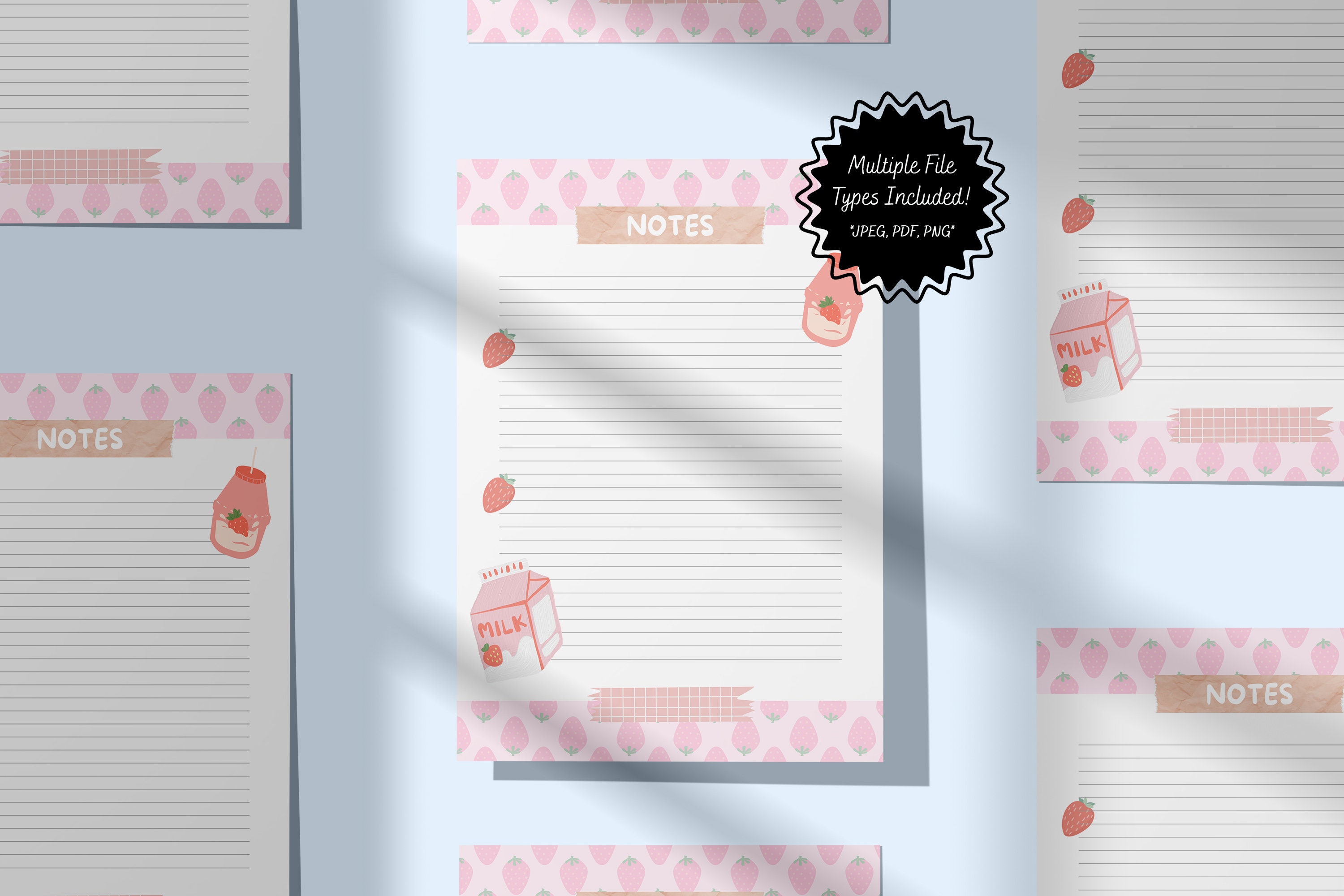 Kawaii Strawberry Milk Pastel Notes Template Printable Digital Download ...