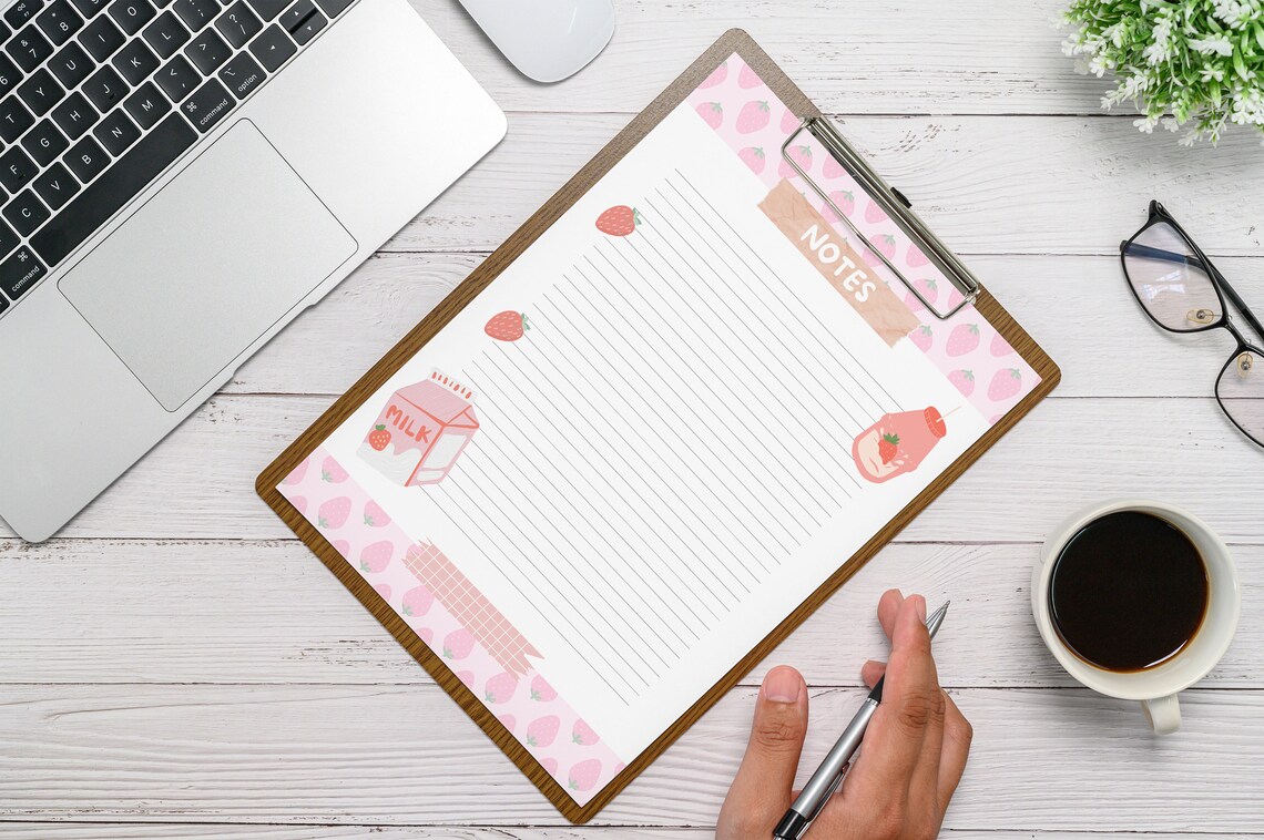 Kawaii Strawberry Milk Pastel Notes Template Printable Digital Download ...
