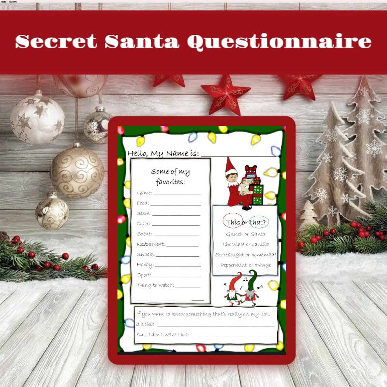 Secret Santa Questionnaire Printable for Kids, Students, Coworkers - Etsy