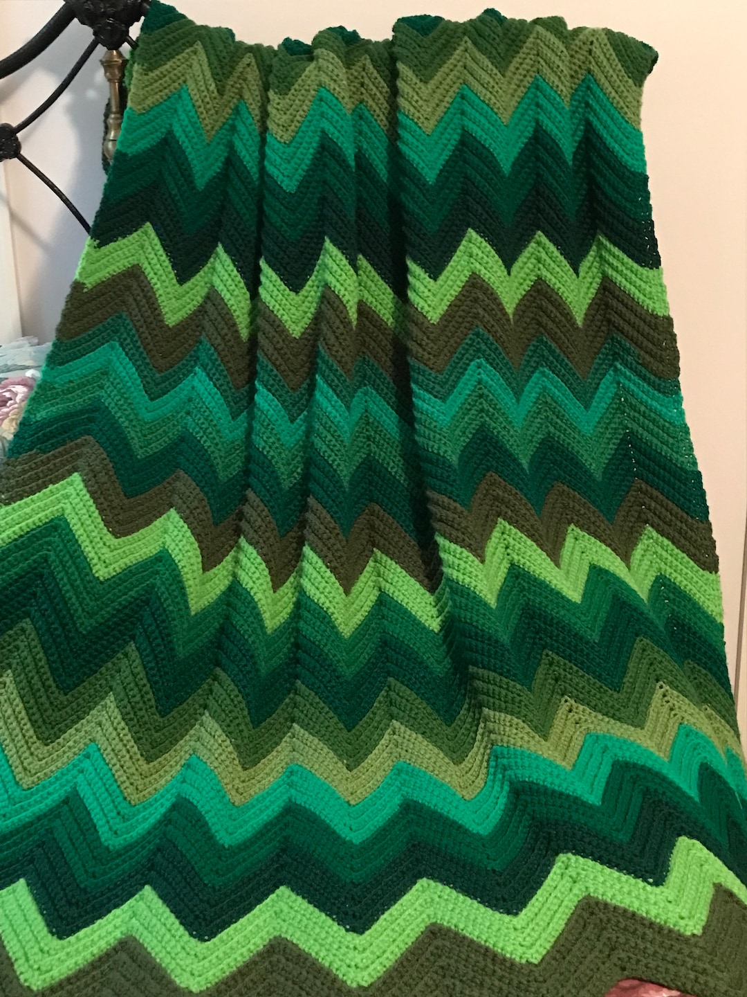 New Green Afghan, Vintage Ripple Pattern Afghan, Hand Crochet Afghan Blanket, 41 X 58 Inches ...