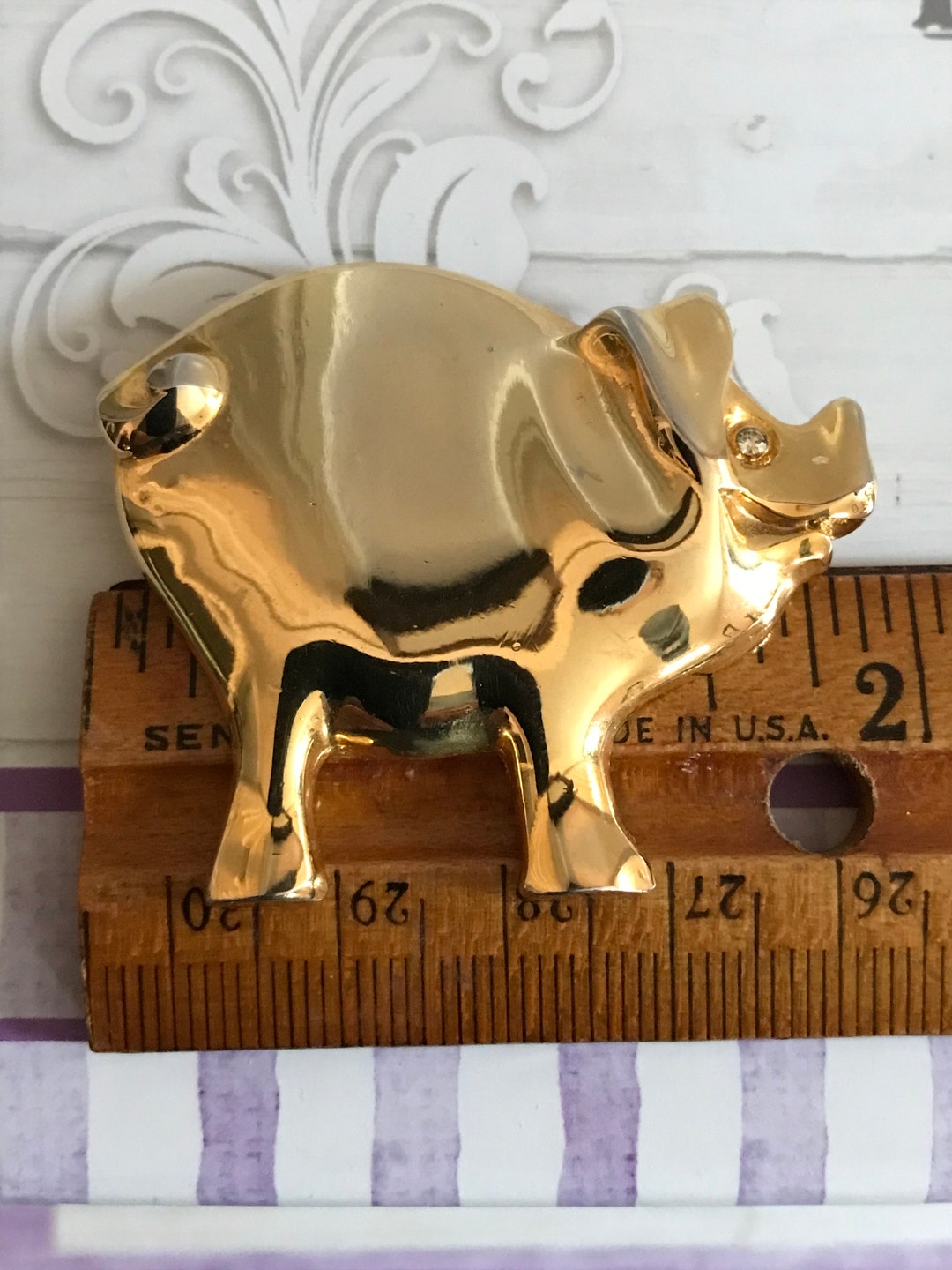 Pig Brooch Pin, Vintage Gold Tone Pig Pin, Clear Rhinestone Pig Eye ...