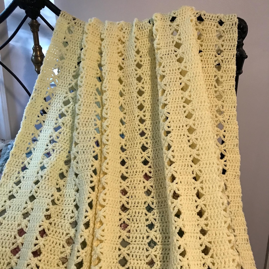 Like New Crochet Afghan, Pale Yellow Fringed Afghan Blanket, Handmade ...