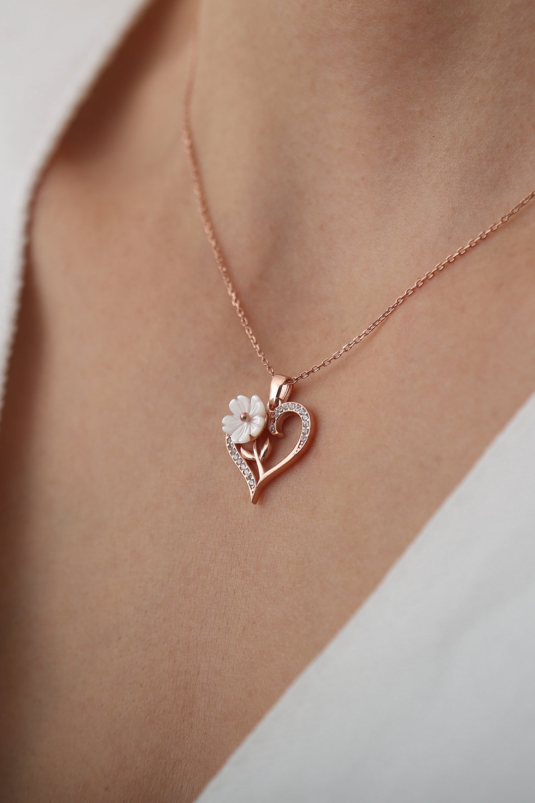 Rose Gold Magnolia Flower Necklace Heart Silver Necklace - Etsy