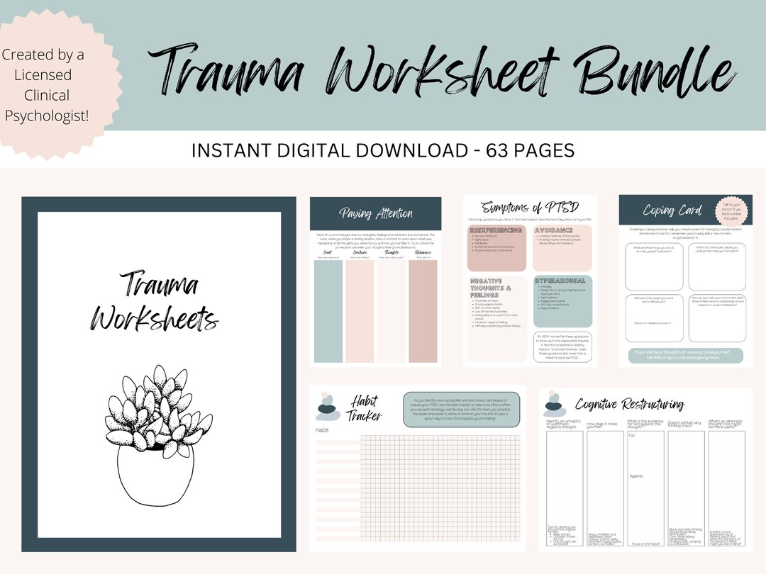Trauma Therapy Worksheet Bundle Downloadable PTSD Worksheets Printable ...