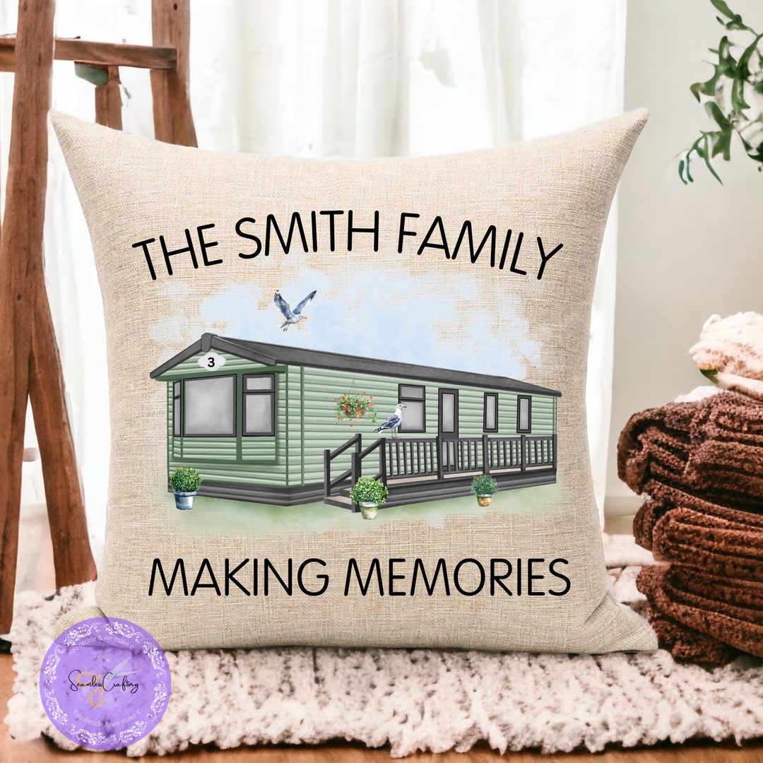 Personalised Static Caravan Linen Cushion Gift, Custom Any Text & Names ...