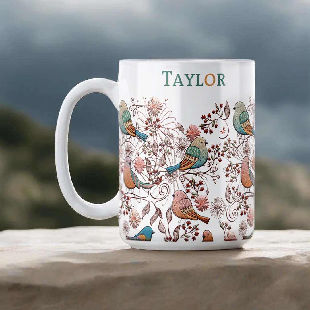 Personalized Bird Mug: Floral Ceramic Coffee Cup, Birdwatcher Gift - Etsy