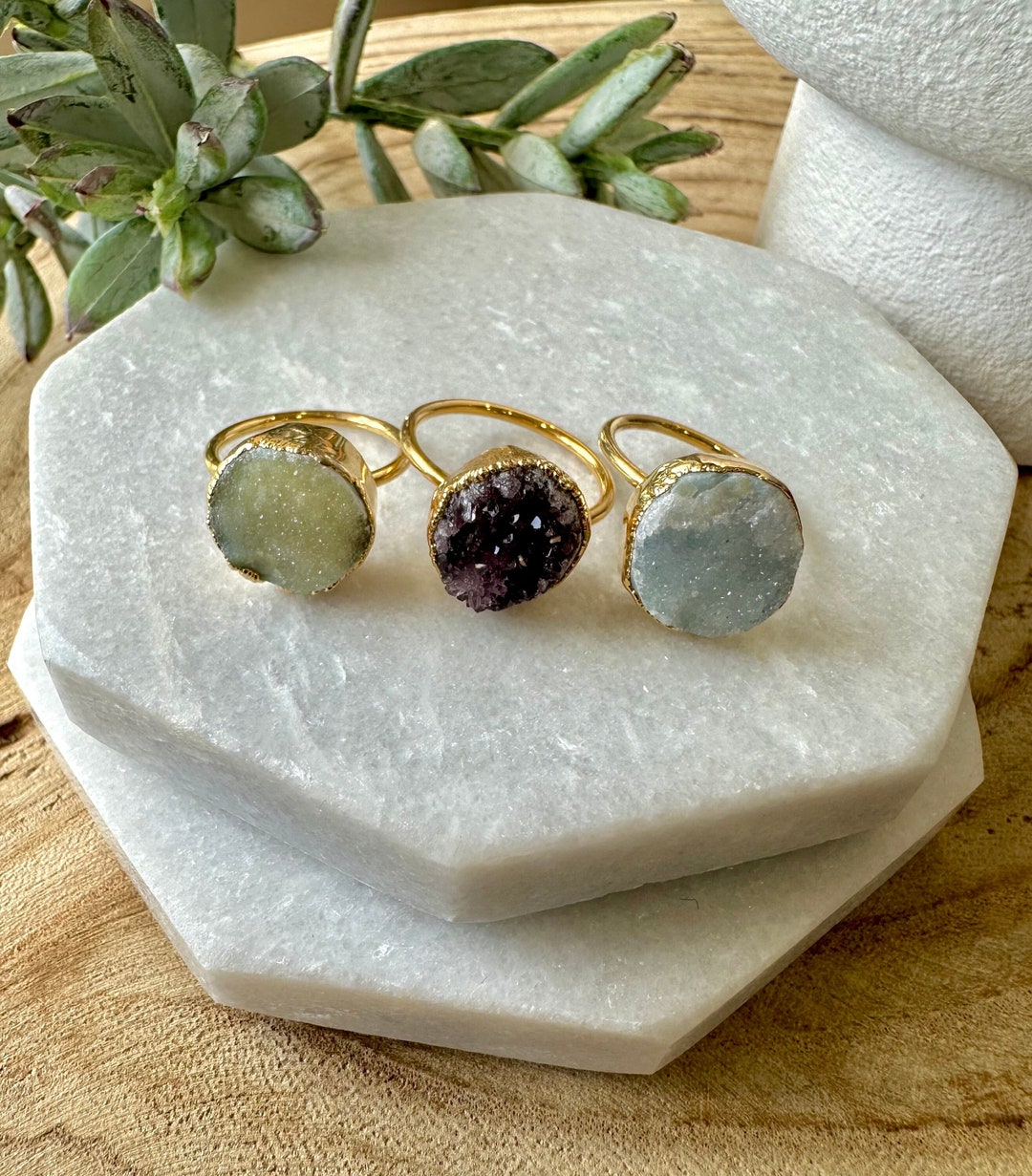 Round Druzy Quartz Rings, 24K Gold Plated, Natural Healing Chakra, Boho ...