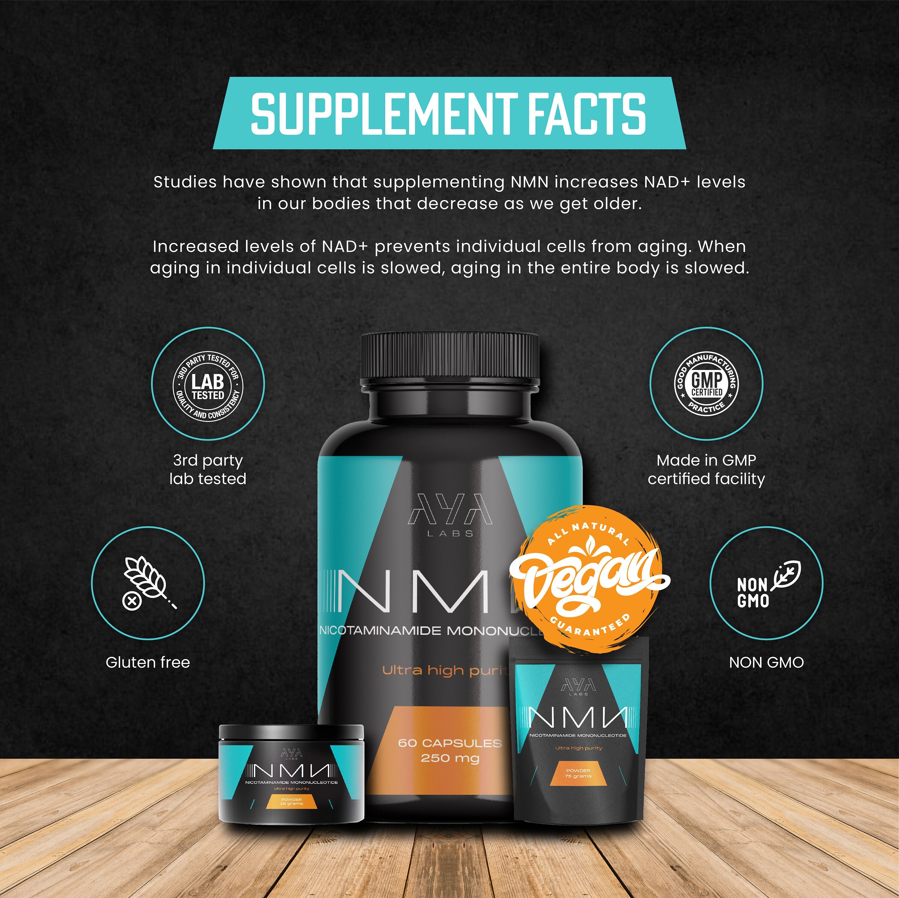 Aya Labs NMN 250mg Supplement - 30 Day Supply Nicotinamide ...