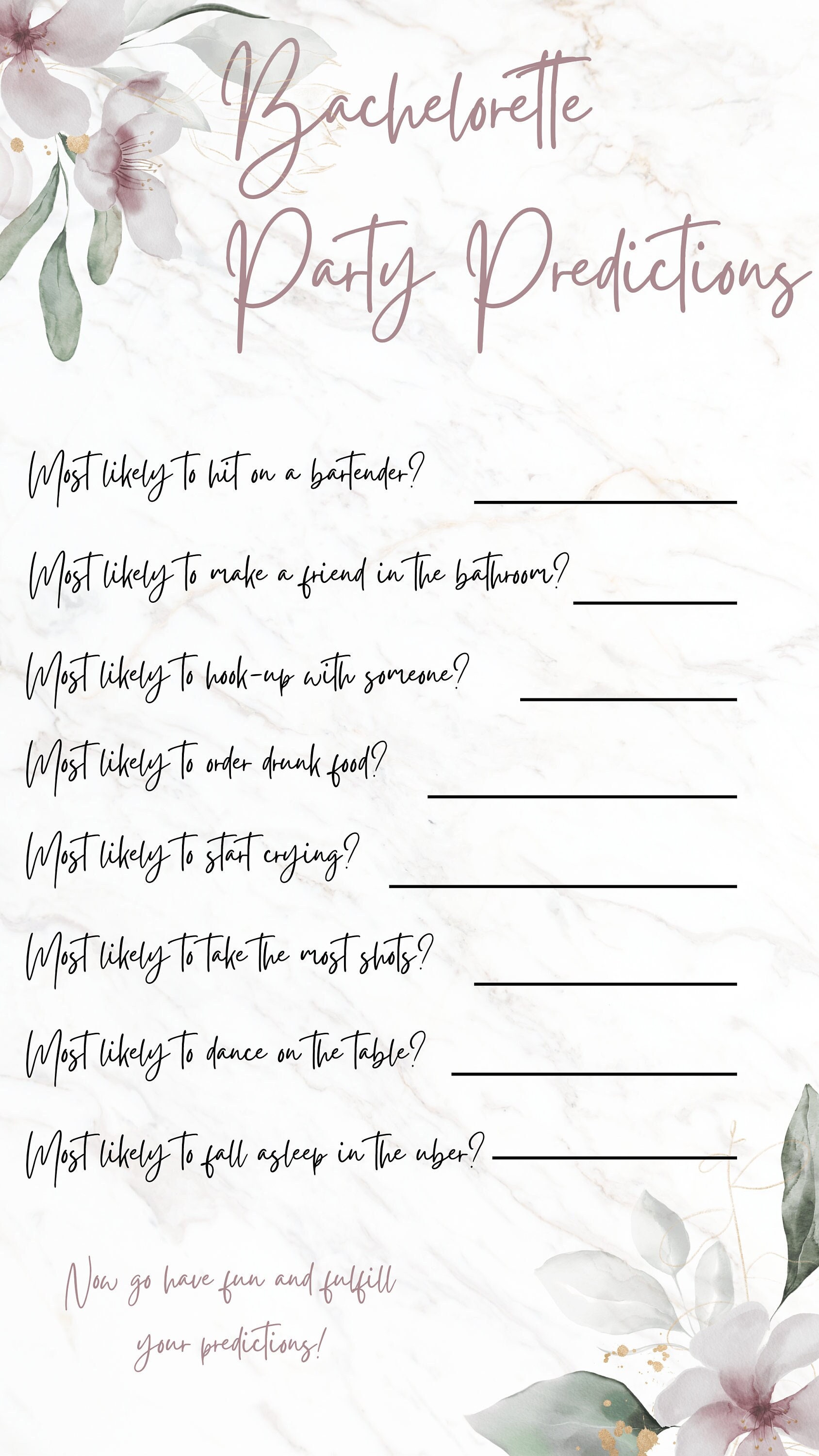 Bachelorette Party Questionnaire Game: Bachelorette Party Predictions ...