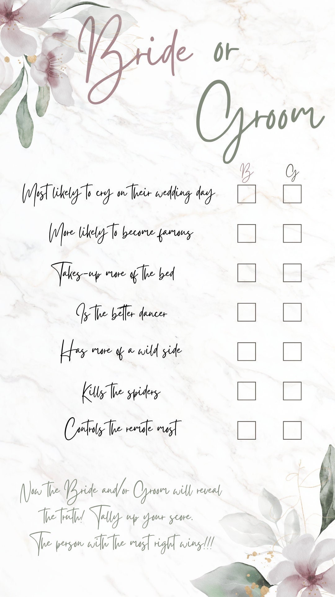 Bachelorette Party Questionnaire Game: Bride or Groom? - Etsy