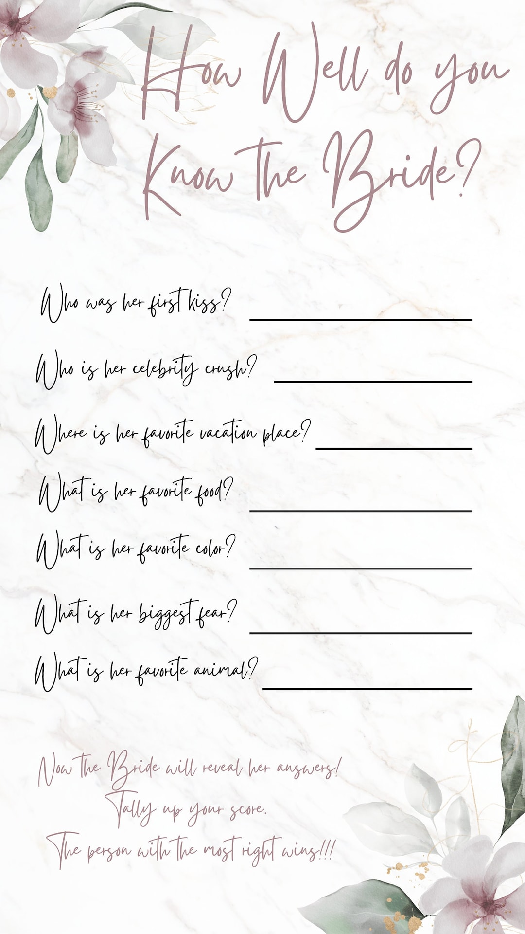 Bachelorette Party Questionnaire Game: How Well Do You Know the Bride ...