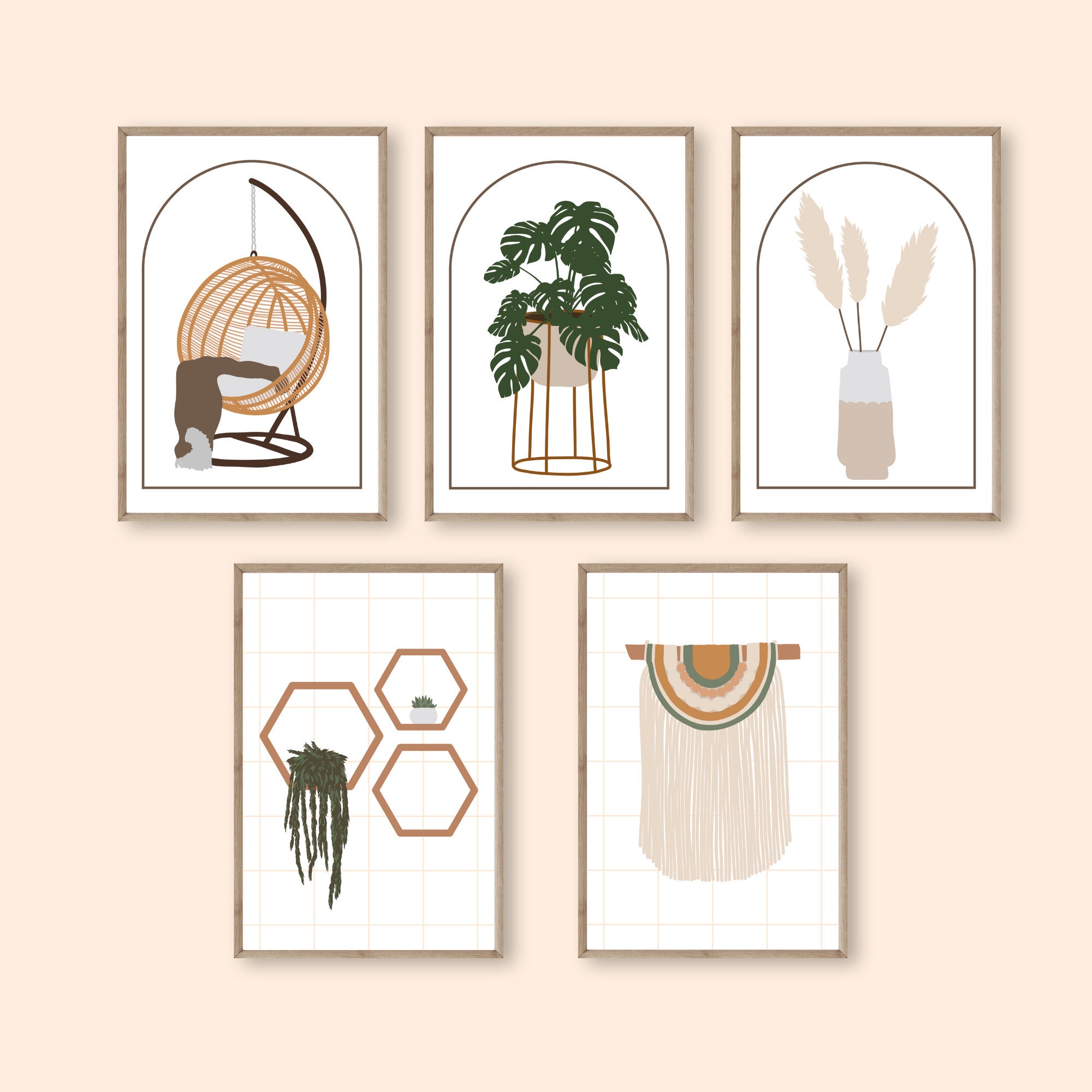 Boho Wall Art, Set of 5 Digital Downloads, Boho Gallery Wall Art Set ...