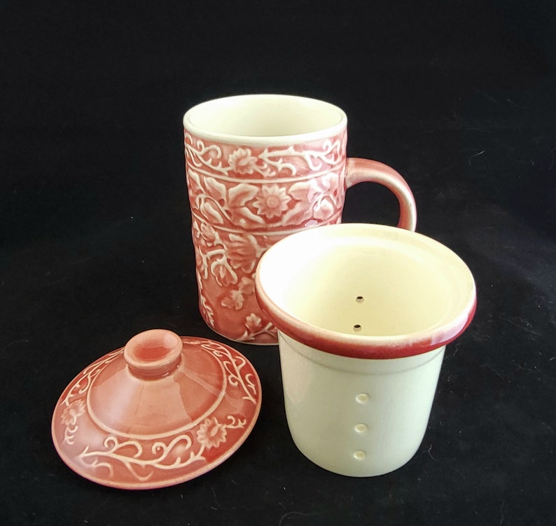 World Market Tea Set Strainer System Rose Pink and White Embossed ...