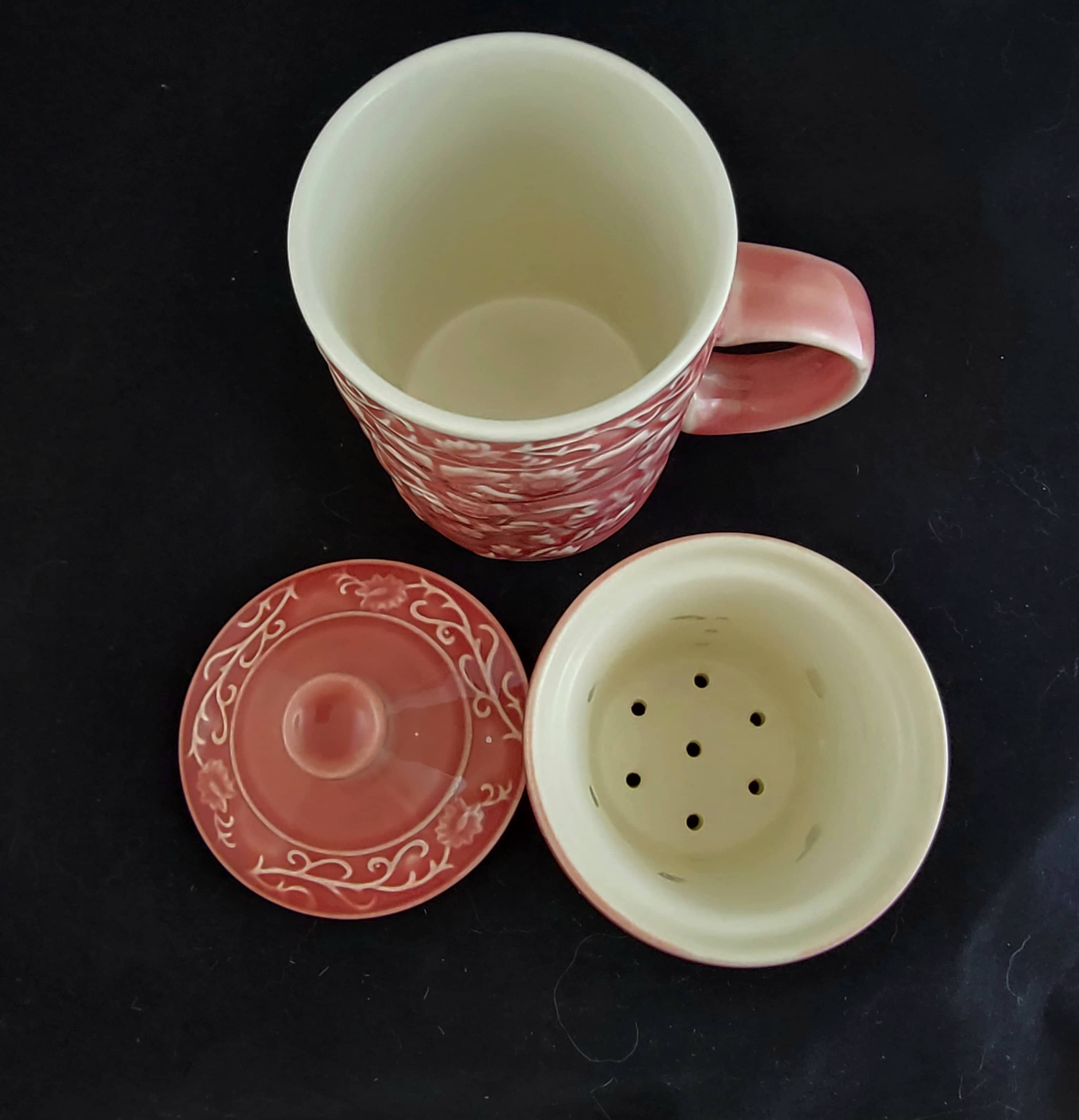World Market Tea Set Strainer System Rose Pink and White Embossed ...