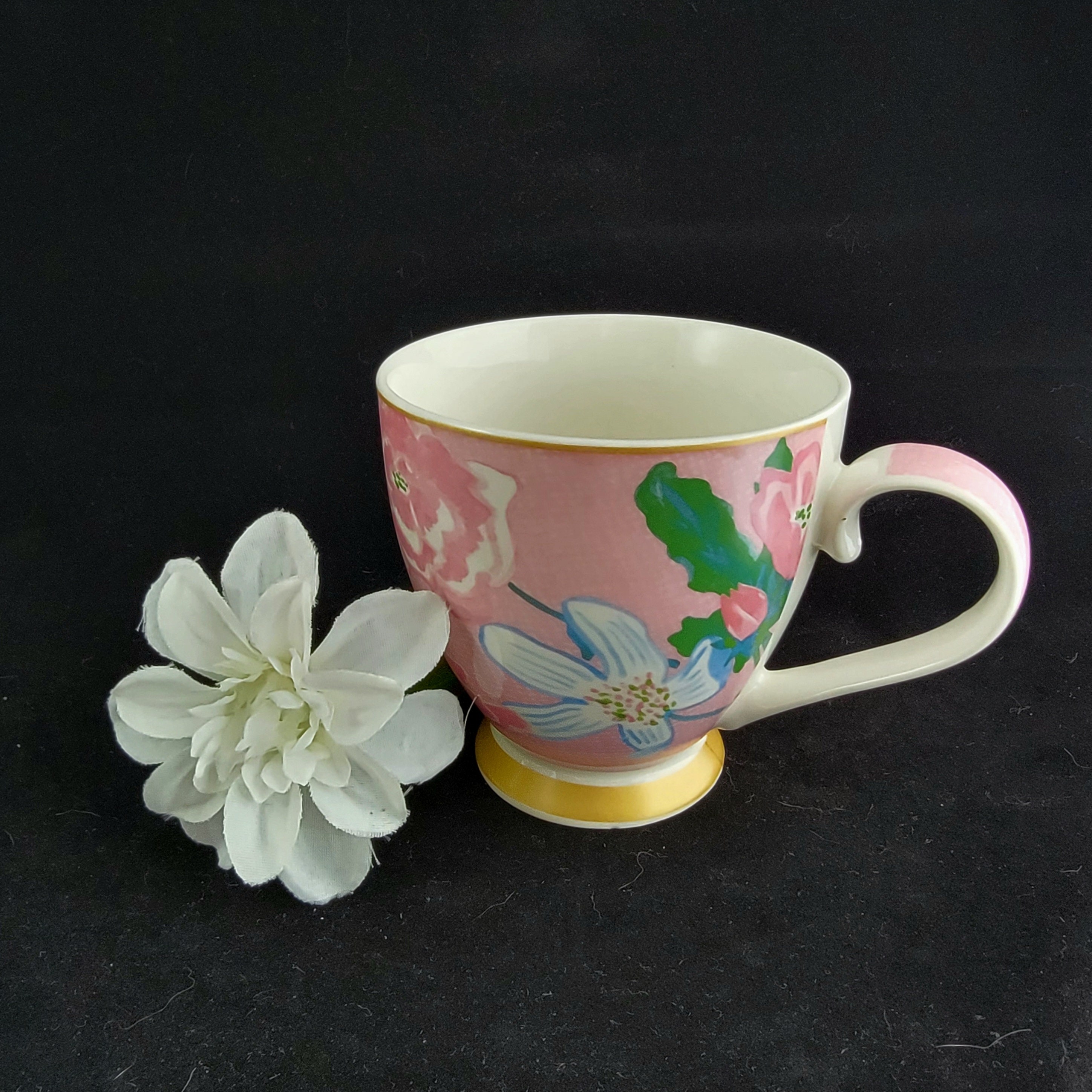 The English Mug Co. Pink Gold Green Flower Rose Coffee Tea Cup - Etsy