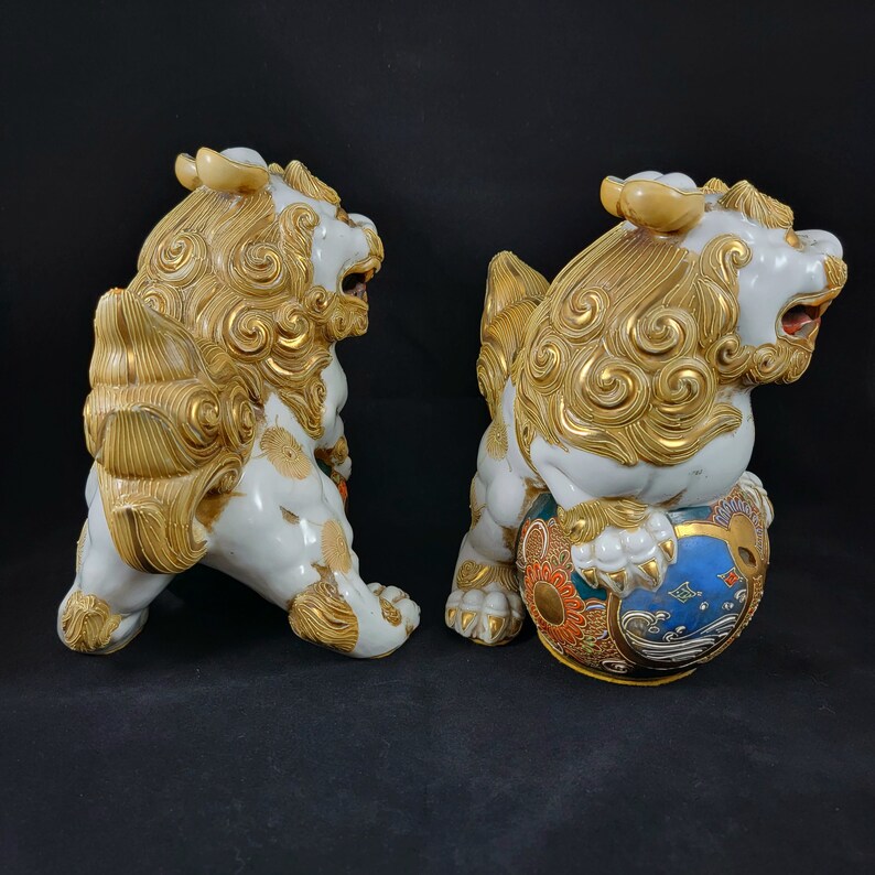 Vintage Kutani Shi Shi Foo Dogs: Hand-painted Porcelain Lions, Gold ...