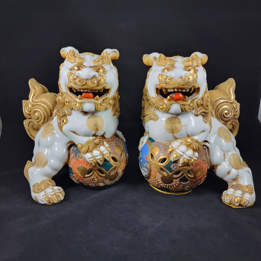 Vintage Kutani Shi Shi Foo Dogs: Hand-painted Porcelain Lions, Gold ...