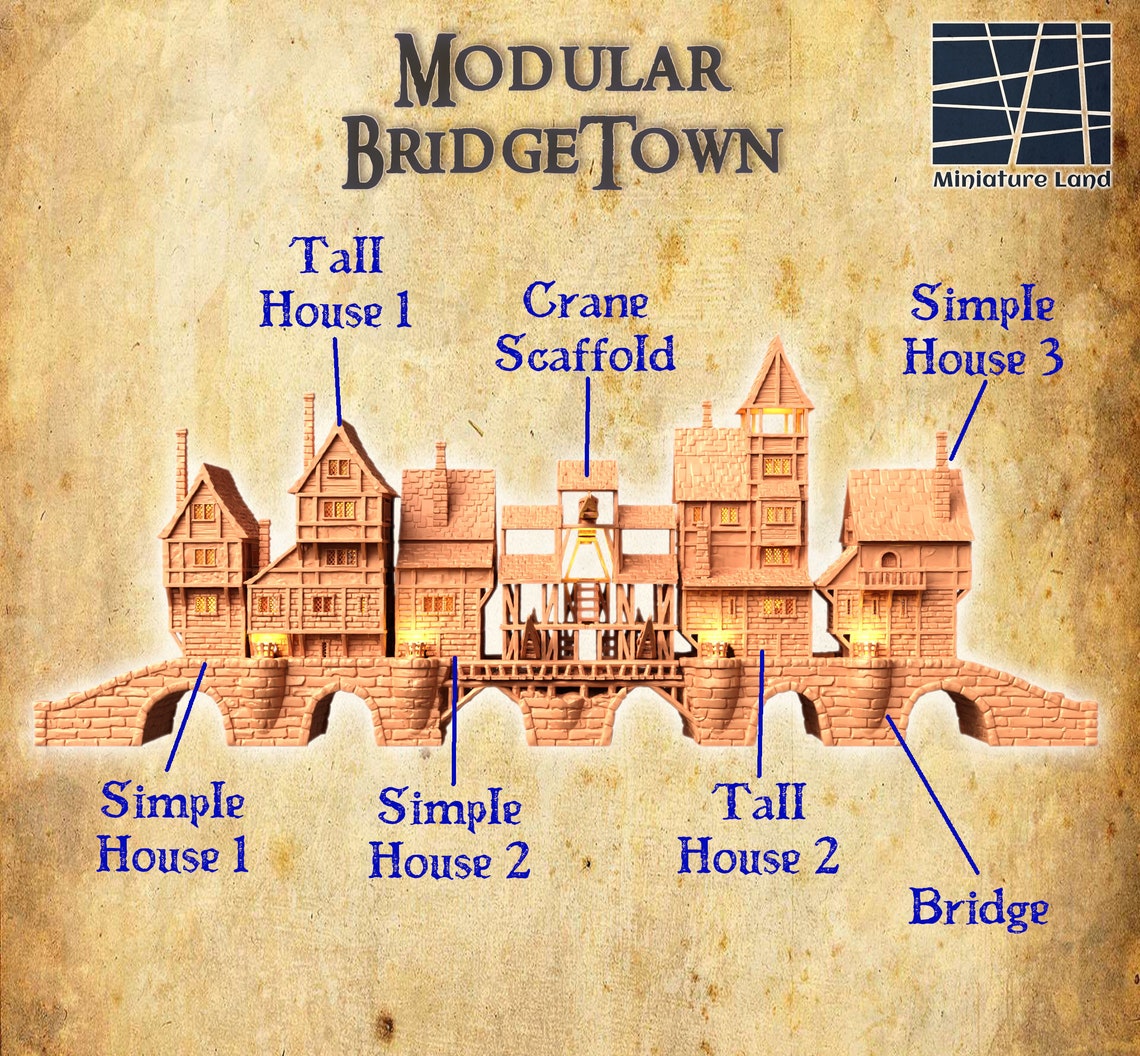 Bridge Town Buildings Set 3D Print, Modular, 28mm Terrain, Lake, Model ...