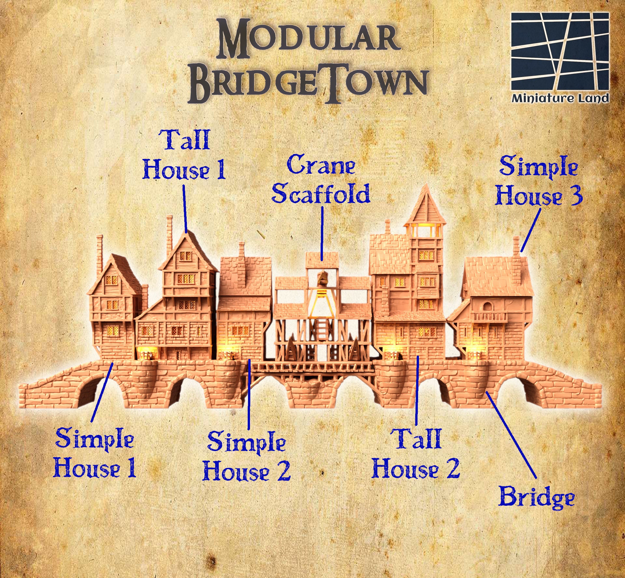 Bridge Town Buildings Set 3D Print, Modular, 28mm Terrain, Lake, Model ...