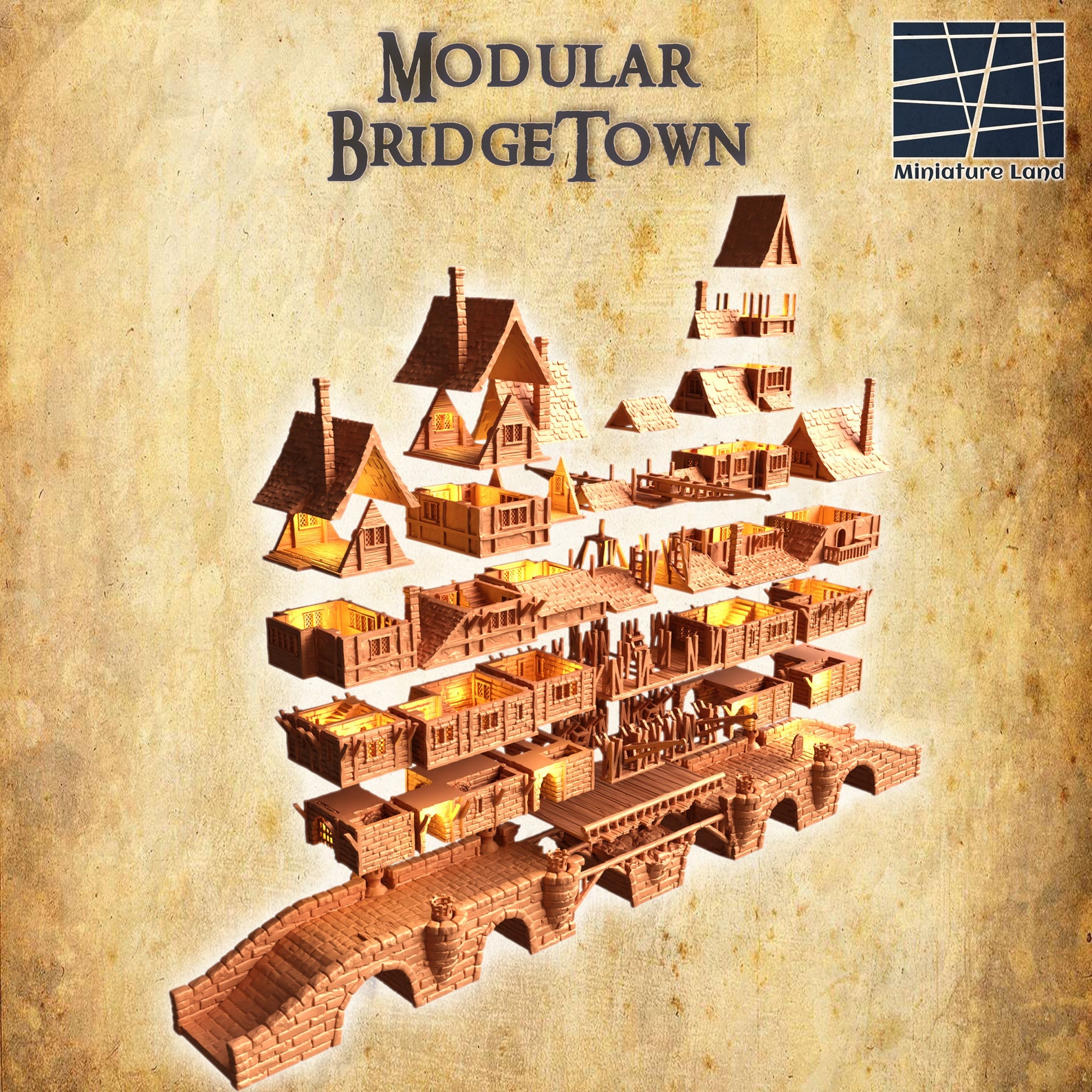 Bridge Town Buildings Set 3D Print, Modular, 28mm Terrain, Lake, Model ...