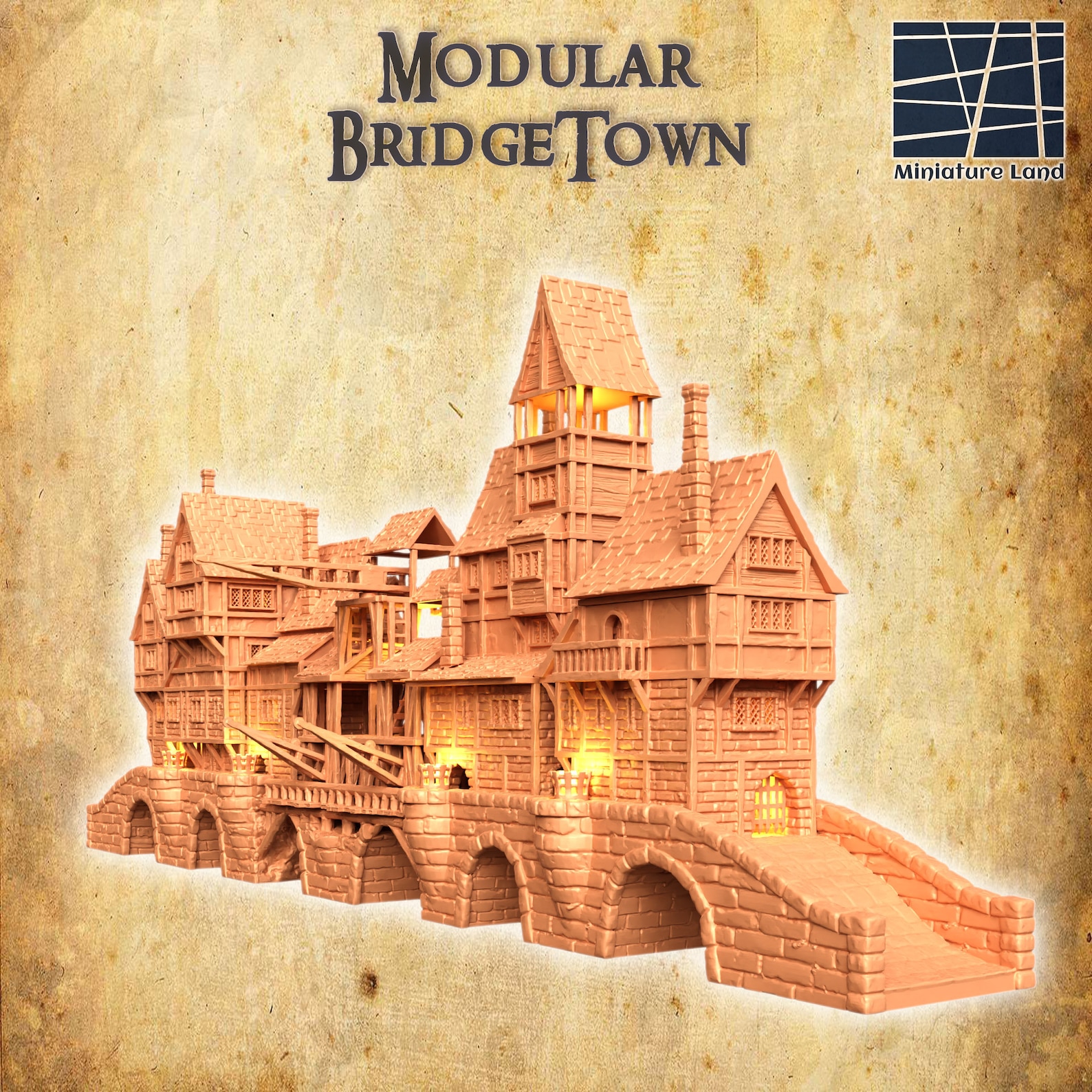 Bridge Town Buildings Set 3D Print, Modular, 28mm Terrain, Lake, Model ...