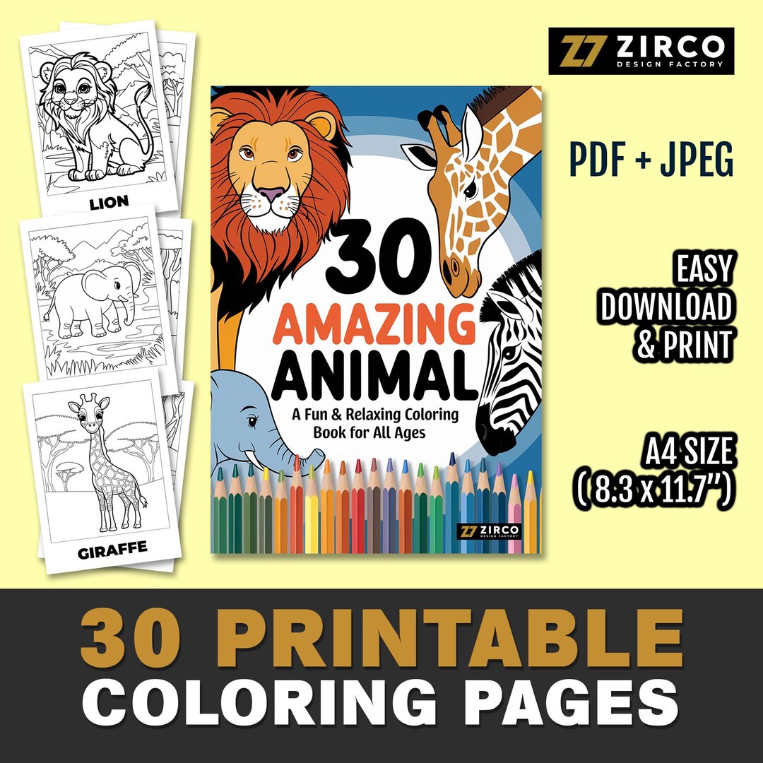 Animal Coloring Pages, Fun Art for Kids and Adults (PDF Download, JPEG ...